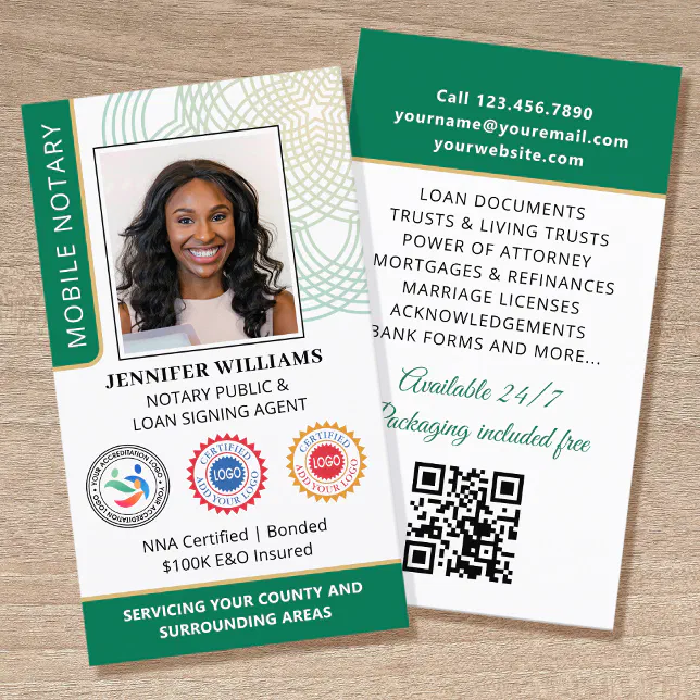 Accreditation Notary Public Photo QR Code Green Business Card | Zazzle