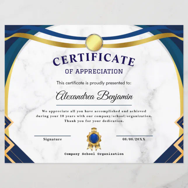 Achievement Appreciate Gold Blue Certificate | Zazzle