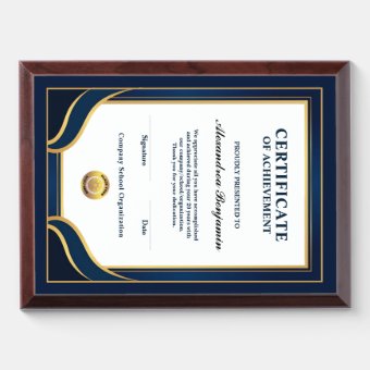 Achievement Appreciate Gold Blue Certificate Award Plaque | Zazzle