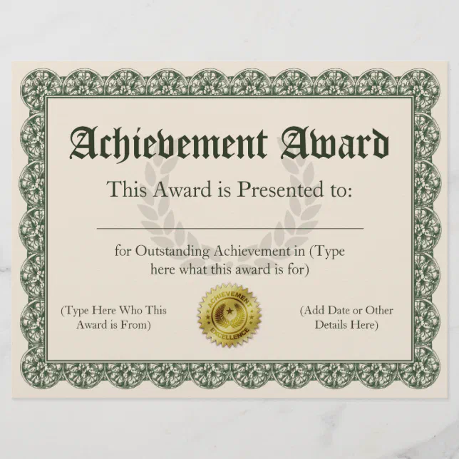 Achievement Award Certificate, Customizable | Zazzle