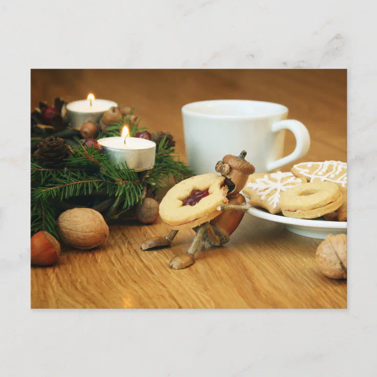 Acorn elf eating cookie - Christmas card | Zazzle