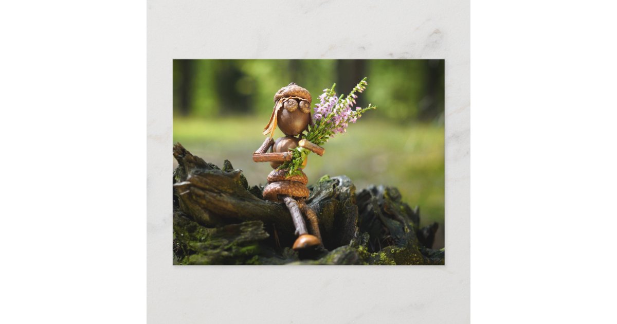 Acorn elf girl with flowers postcard | Zazzle