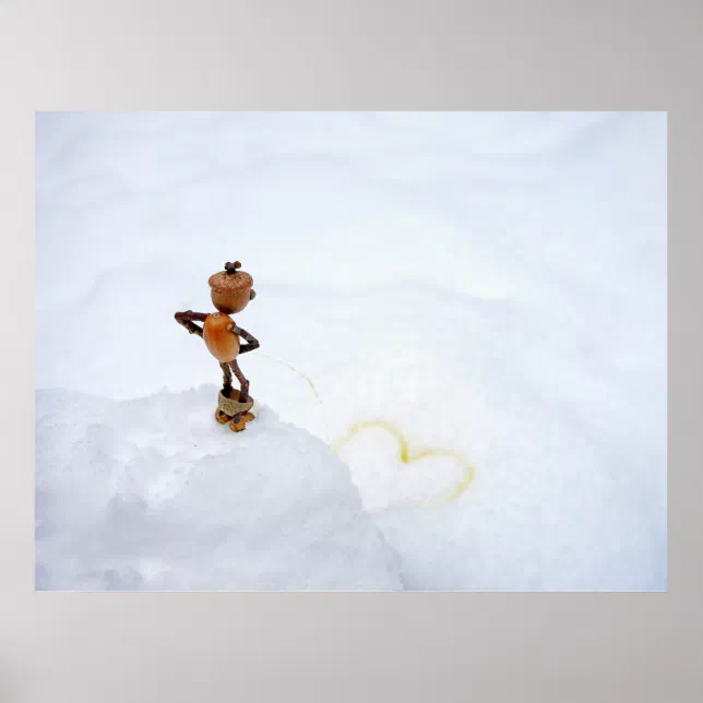 Acorn elf making a yellow heart in the snow winter poster | Zazzle