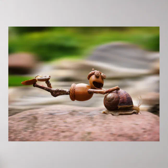 Acorn elf riding on the snail poster | Zazzle