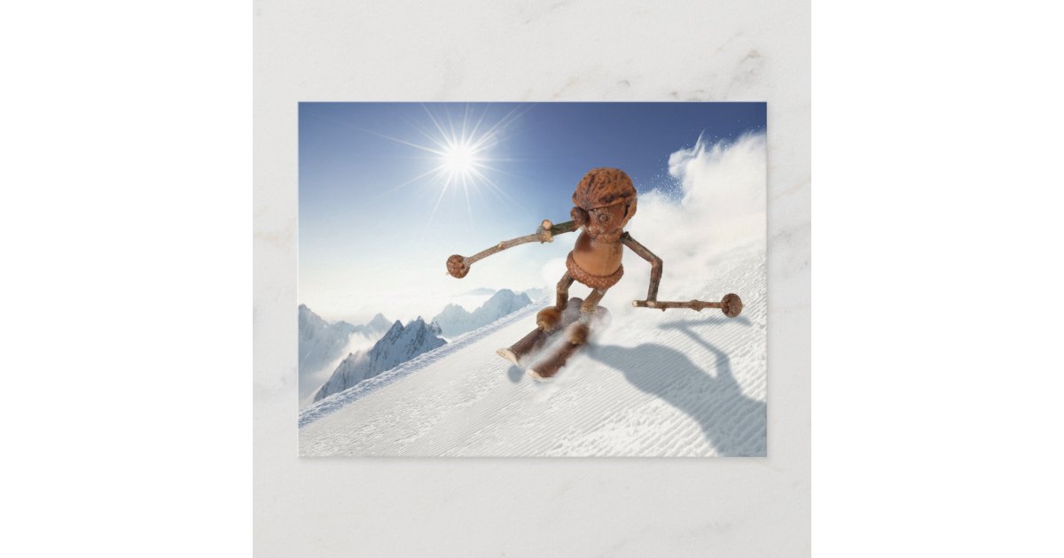 Acorn elf skiing on the snow winter postcard | Zazzle