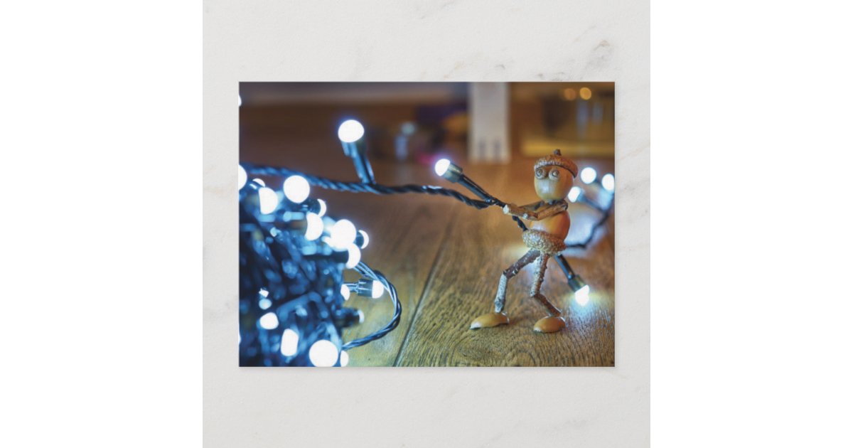 Acorn elf with Christmas light chains - Christmas Postcard | Zazzle