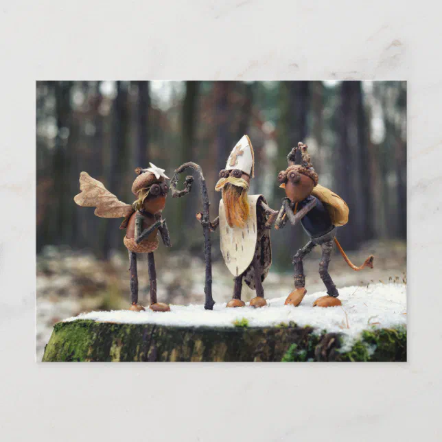 Acorn elves as angel, devil and Saint Nicholas Postcard | Zazzle