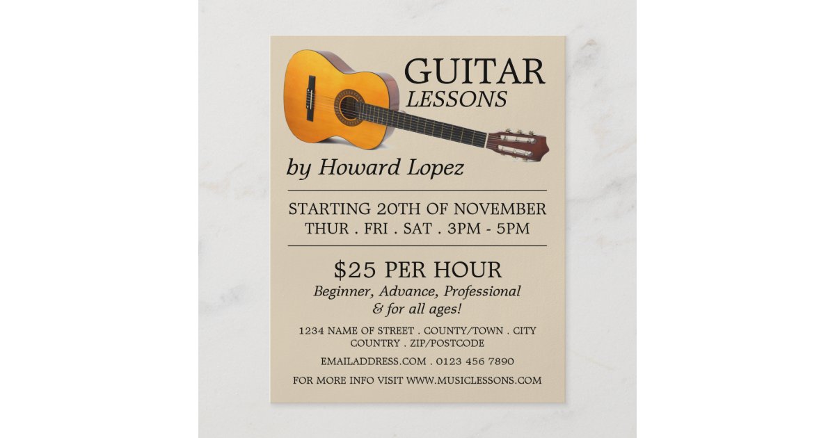 Acoustic Guitar, Guitar Lessons Advertising Flyer | Zazzle