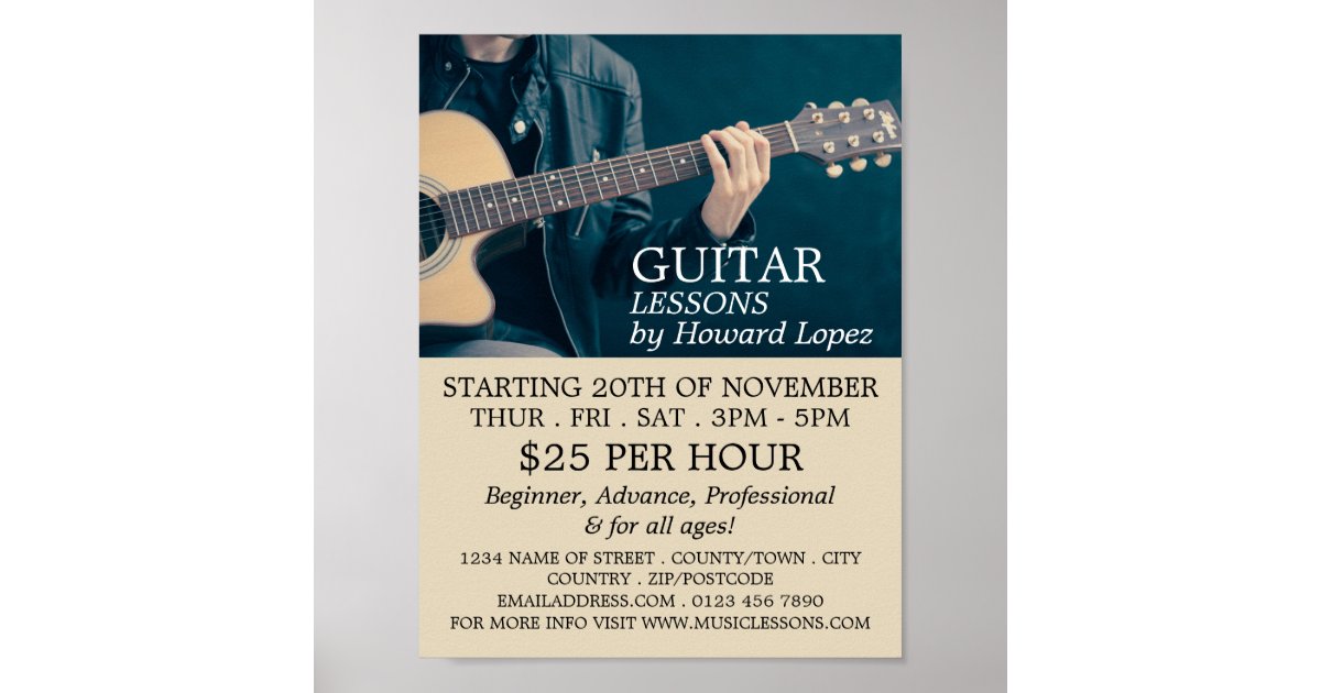 Acoustic Guitar, Guitar Lessons Advertising Poster | Zazzle