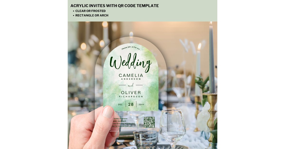 ACRYLIC WEDDING Artsy Green QR Code RSVP Website Acrylic Invitations ...