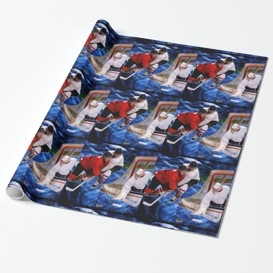 Action at the Hockey Net Wrapping Paper | Zazzle