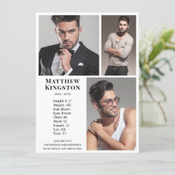 Actor Model 3 Photo Pro Comp Card Template White | Zazzle