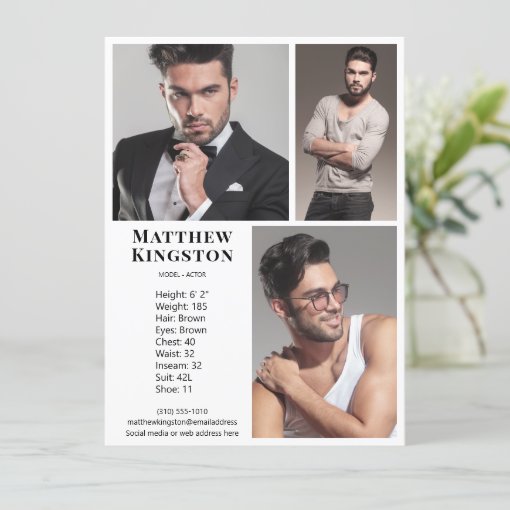 Actor Model 3 Photo Pro Comp Card Template White | Zazzle