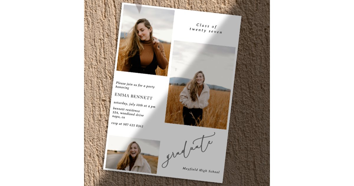 Add 3 Photo Modern Script Graduation Invitation | Zazzle