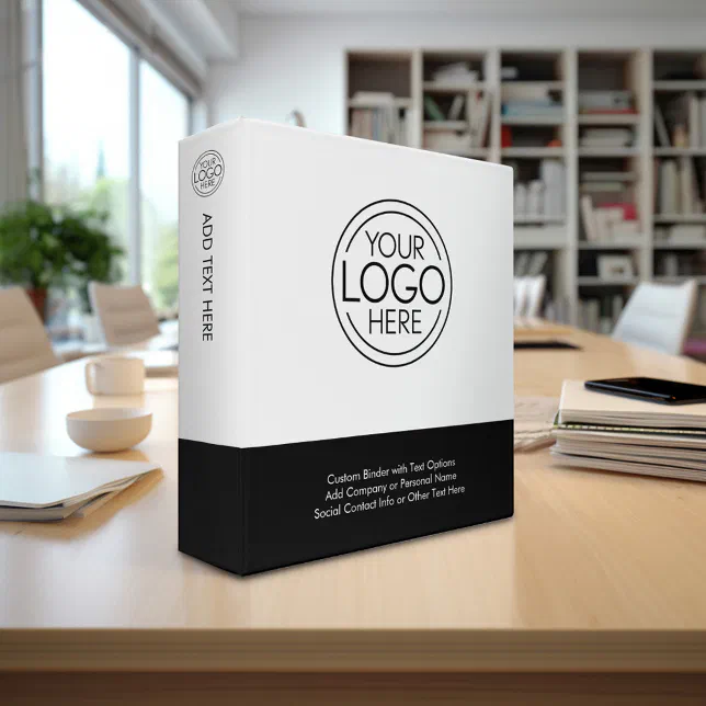 Add Business Logo with custom Text - black white 3 Ring Binder | Zazzle