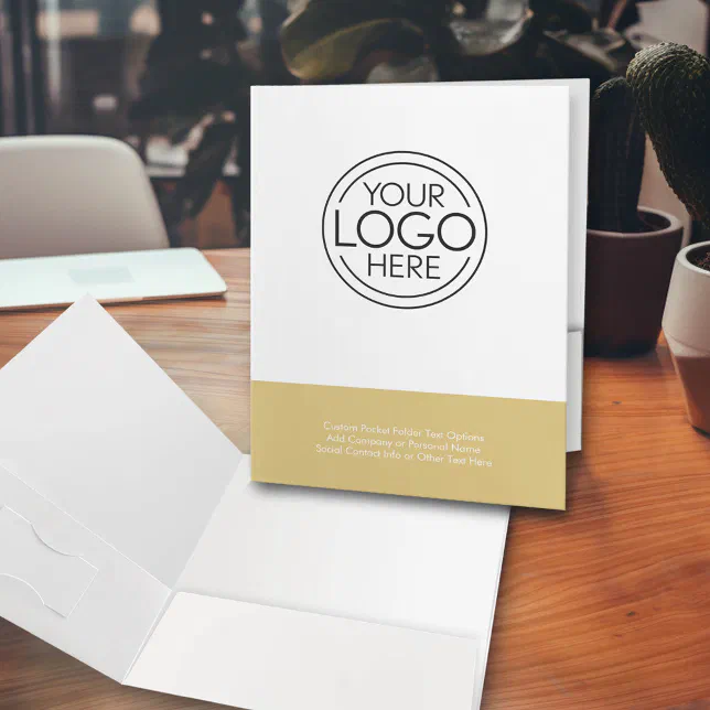 Add Business Logo with custom Text - gold white Pocket Folder | Zazzle