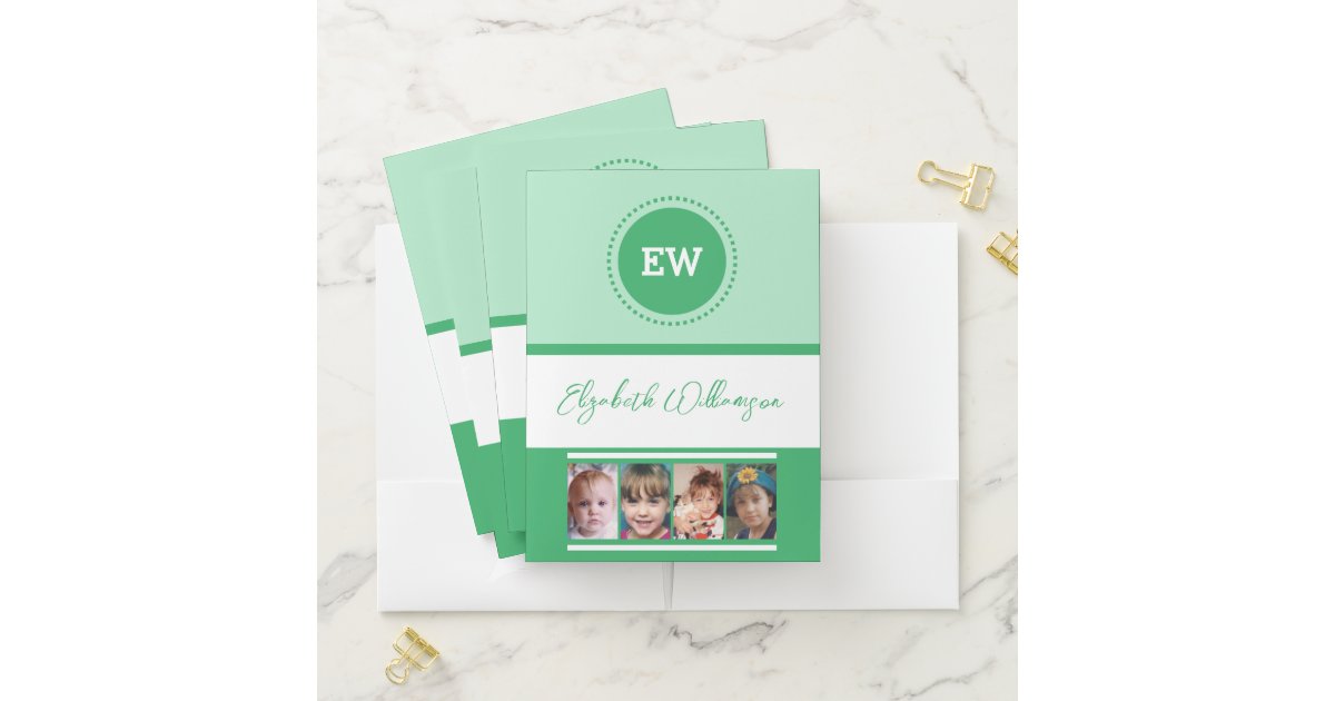 Add initials name 4 photos white green pocket folder | Zazzle