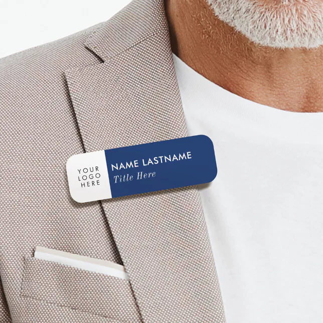 Add Logo Basic Navy Blue Title Safety Pin Magnetic Name Tag | Zazzle