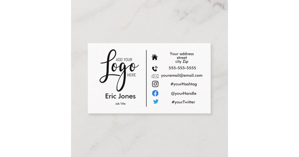 add logo Custom BUSINESS LOGO and social media Business Card | Zazzle