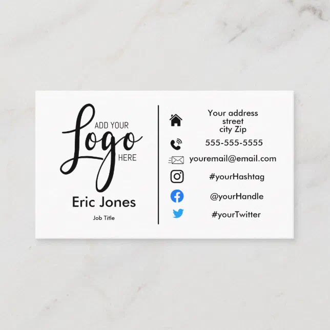 add logo Custom BUSINESS LOGO and social media Business Card | Zazzle