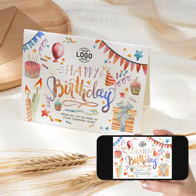 Add Logo Fun Colorful Party Business Birthday Card | Zazzle