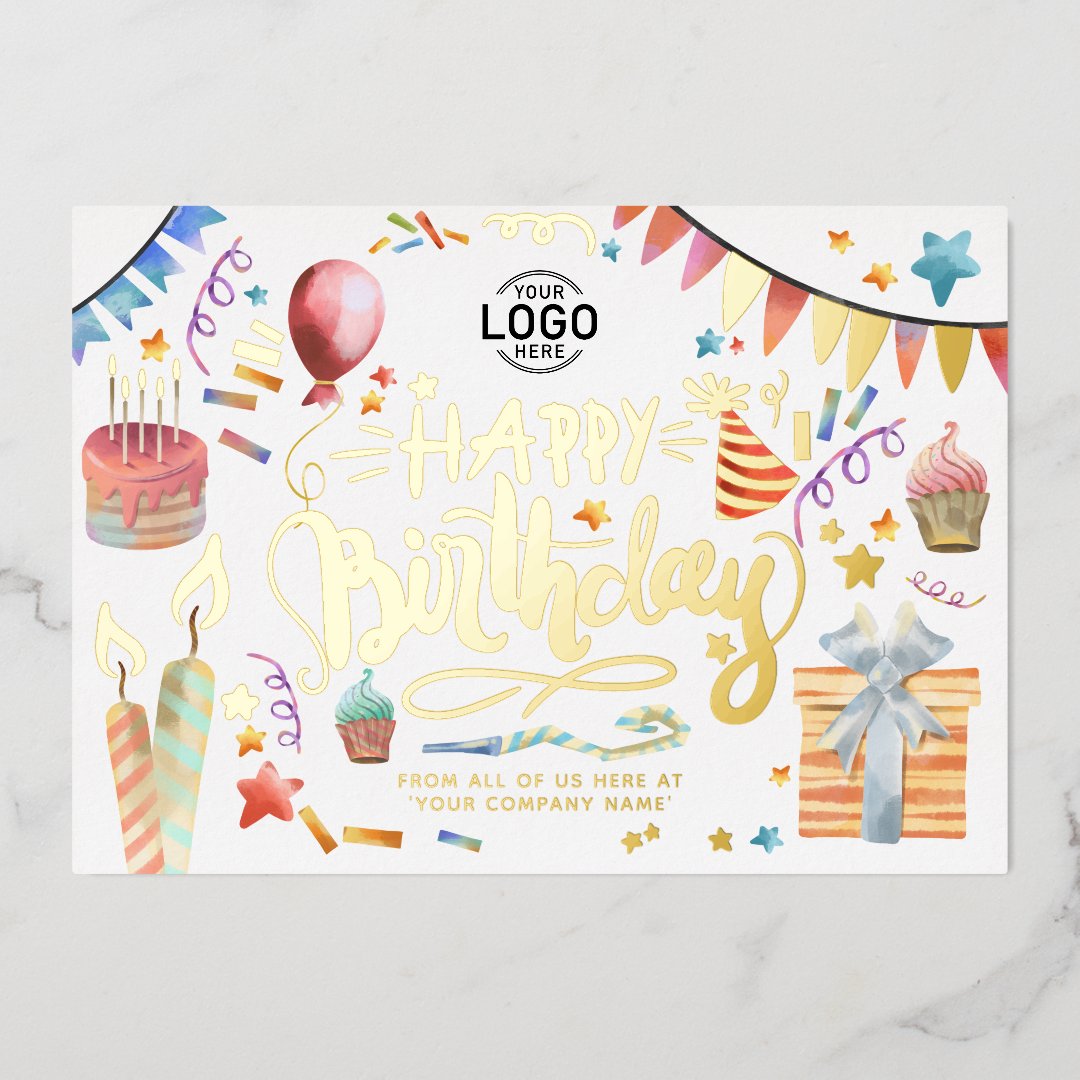 Add Logo Fun Colorful Party Business Birthday Foil Invitation | Zazzle