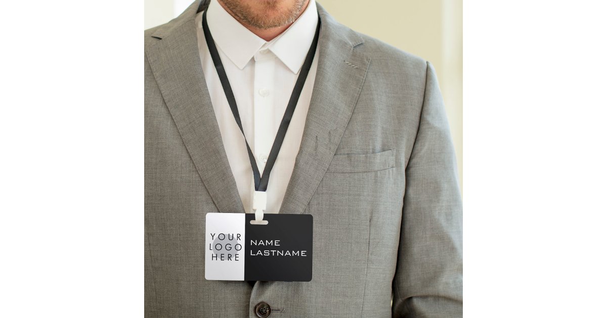 Add Logo Horizontal Simple Modern Black White Name Badge | Zazzle