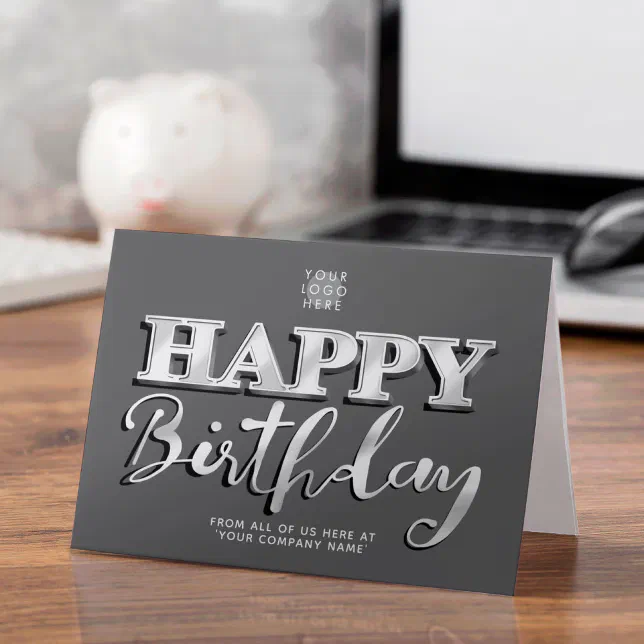 Add Logo Silver 3d Modern Grey Business Birthday Card | Zazzle