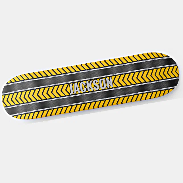 Add Name Initials, Silver Yellow Black Arrows S Skateboard | Zazzle