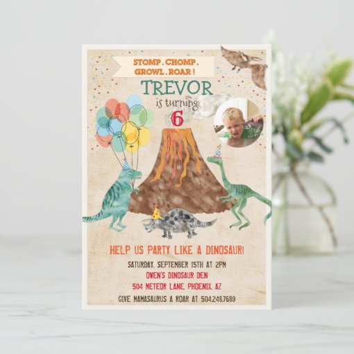 ADD PHOTO - Dinosaur Volcano Birthday Invitation | Zazzle