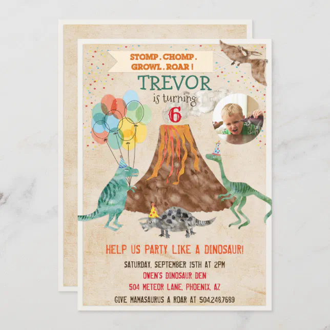 ADD PHOTO - Dinosaur Volcano Birthday Invitation | Zazzle