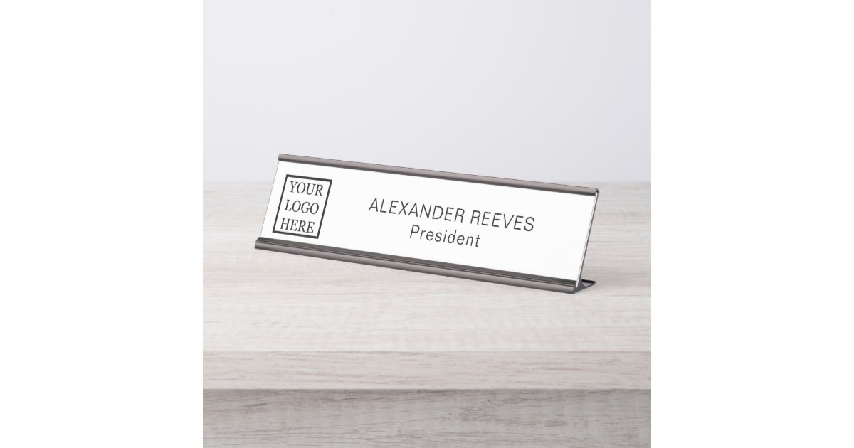 Add Your Logo Minimalist Black and White Business Desk Name Plate | Zazzle