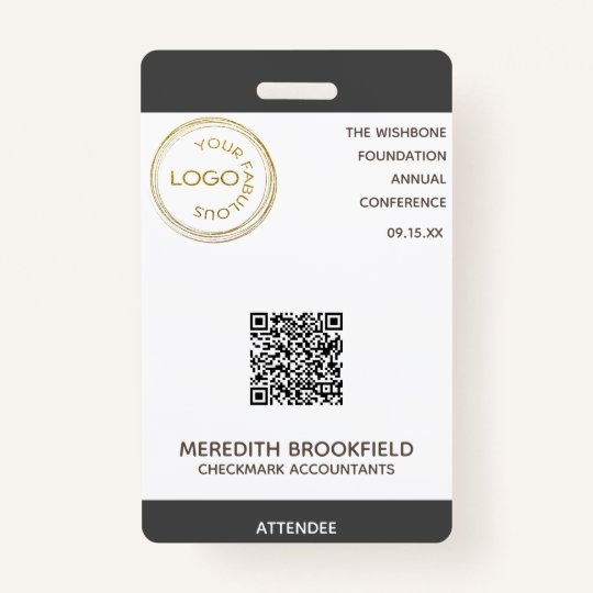 Add your logo QR Code Gray Conference Event Name Badge | Zazzle.com