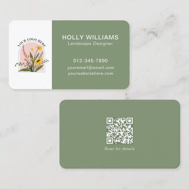 Add Your Logo QR Code Simple Botanical Business Card | Zazzle