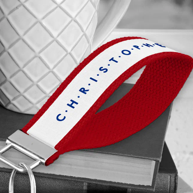 Add Your Name Minimalist Red White and Blue Wrist Keychain | Zazzle