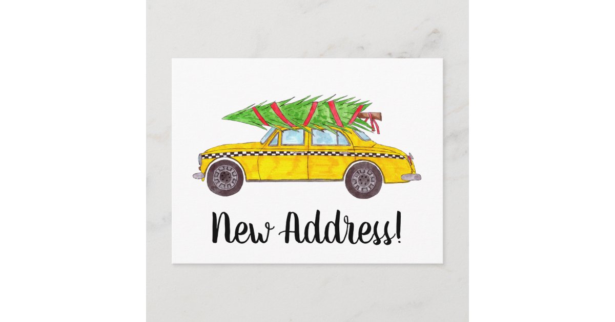 Address Announcement Yellow Taxi Christmas tree Postcard | Zazzle