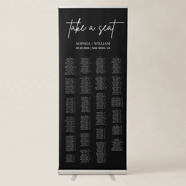 ADELLA Black Minimalist Wedding Seating Chart Retractable Banner | Zazzle