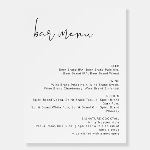 ADELLA Edgy Modern Minimalist Wedding Bar Menu Foam Board | Zazzle