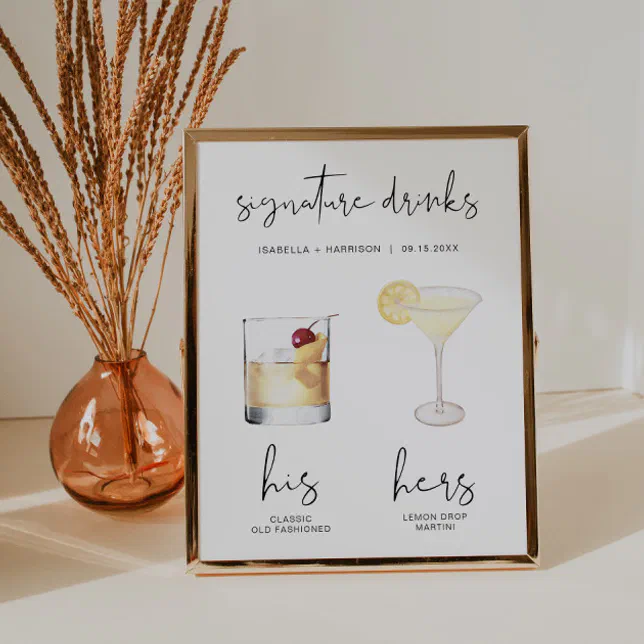 ADELLA Minimal Watercolor Cocktail Signature Drink Poster | Zazzle
