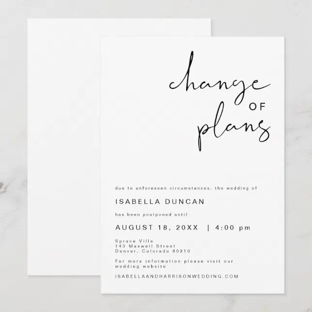 ADELLA Modern Minimalist Wedding Change of Plans Invitation | Zazzle