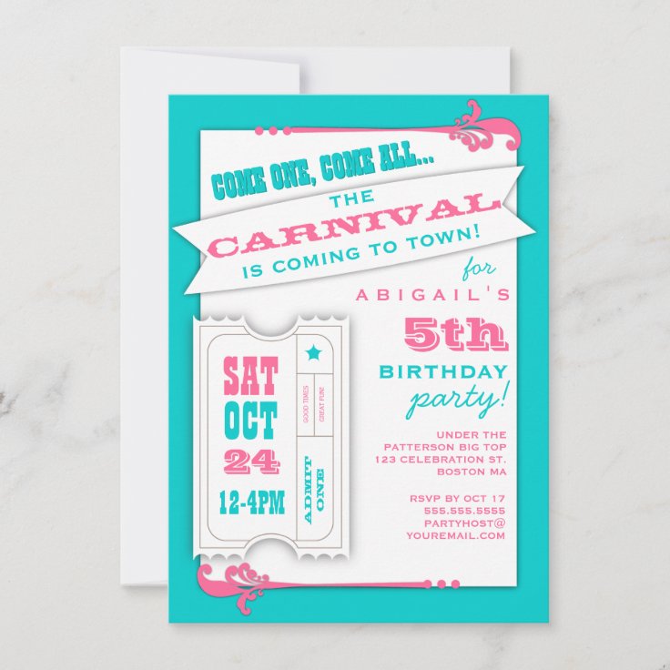 Admit One Carnival Girl Birthday Party Invitation | Zazzle