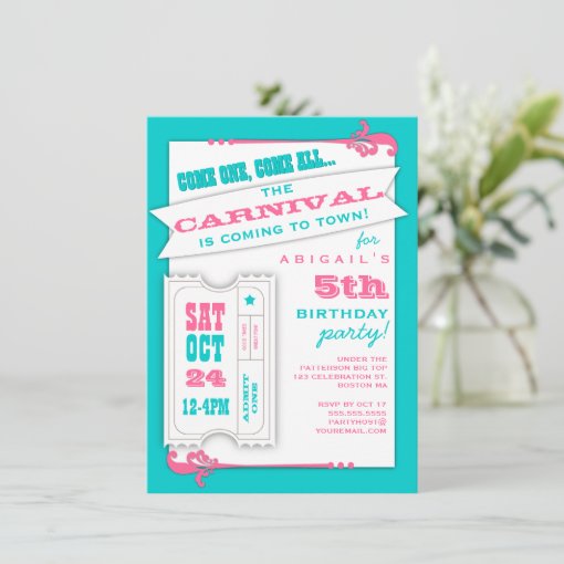 Admit One Carnival Girl Birthday Party Invitation | Zazzle