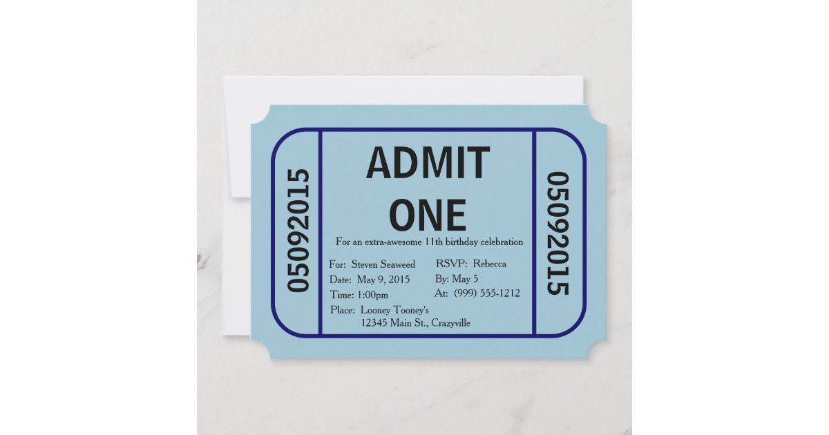 Admit One Ticket Birthday Party Invitation (Blue) | Zazzle