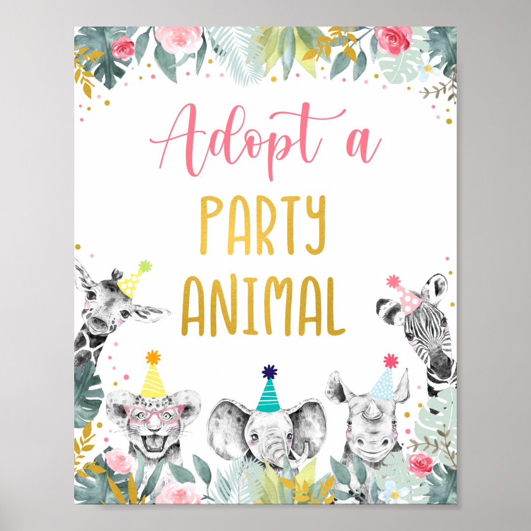 Adopt A Party Animal Pink Gold Birthday Sign | Zazzle