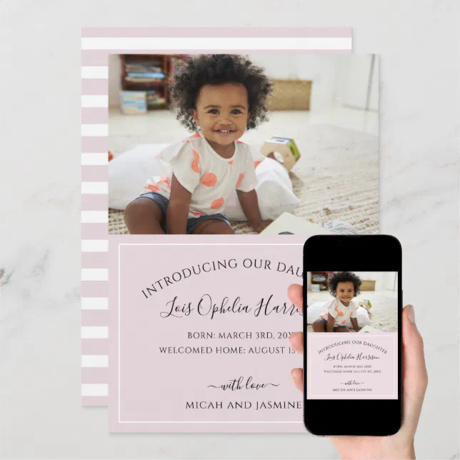 Adoption Announcement Blush Pink and White Stripe | Zazzle