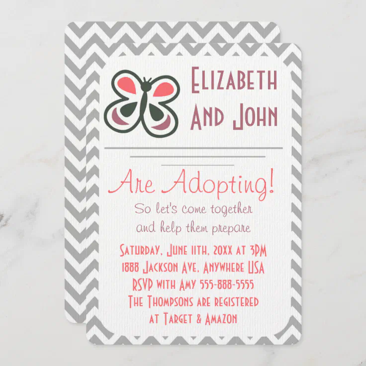 Adoption Shower Modern Pink Chevron Butterfly Invitation | Zazzle