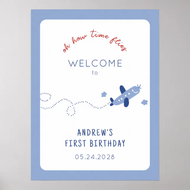 Adorable Airplane How Time Flies Birthday Party Poster | Zazzle