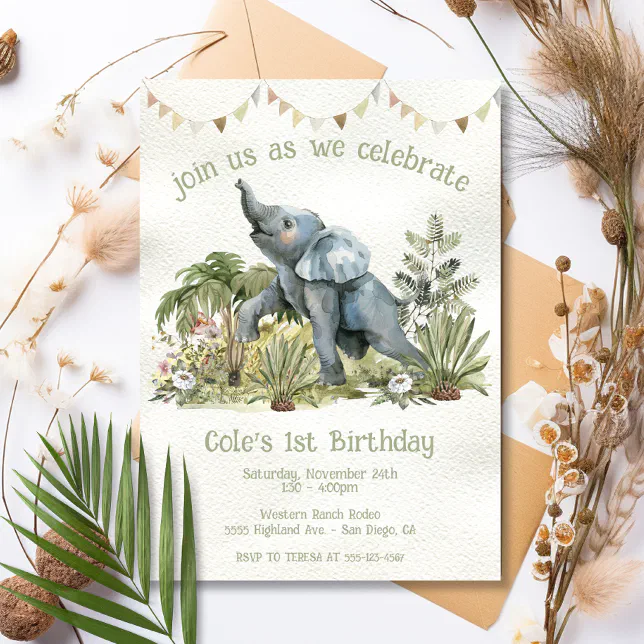 Adorable Baby Elephant 1st Birthday Party Invitation | Zazzle