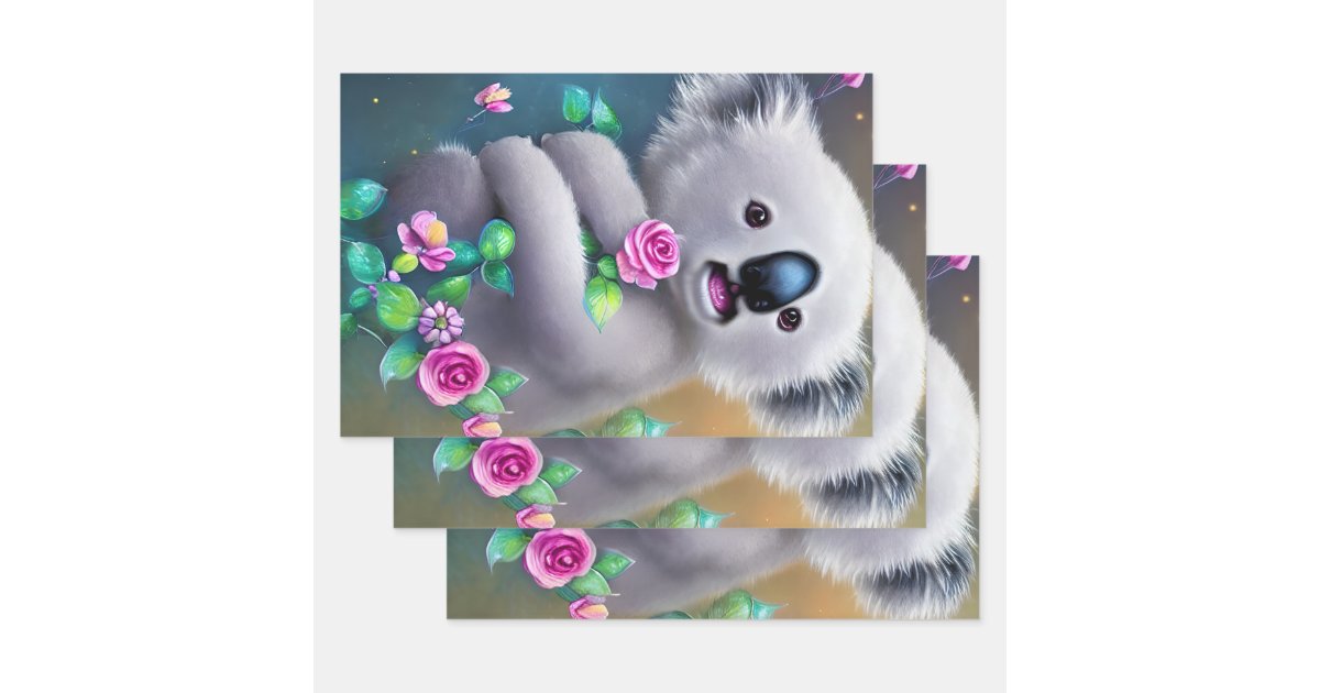 Adorable Baby Koala Bear with Flowers Wrapping Paper Sheets | Zazzle