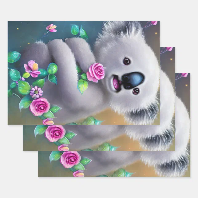 Adorable Baby Koala Bear with Flowers Wrapping Paper Sheets | Zazzle